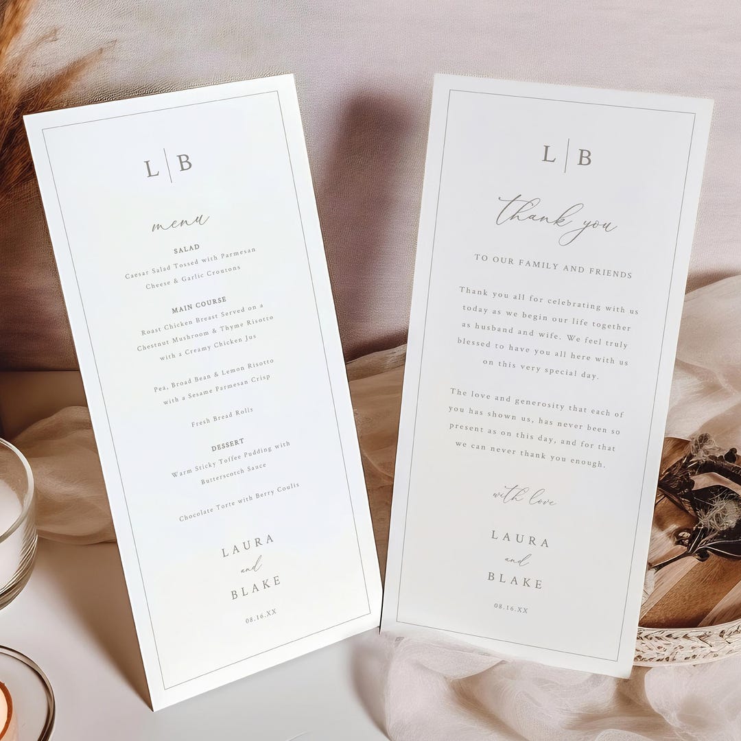 Wedding Menu Template, Monogram & Border, Editable 4x9 Menu Card, DIY ...