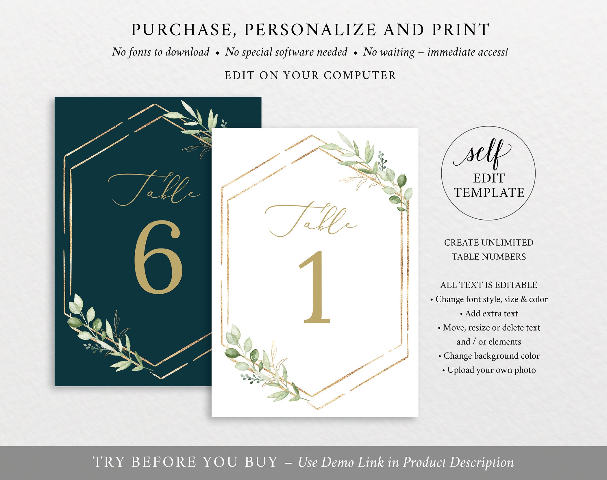 Table Number Template Greenery Hexagonal Editable & | Etsy