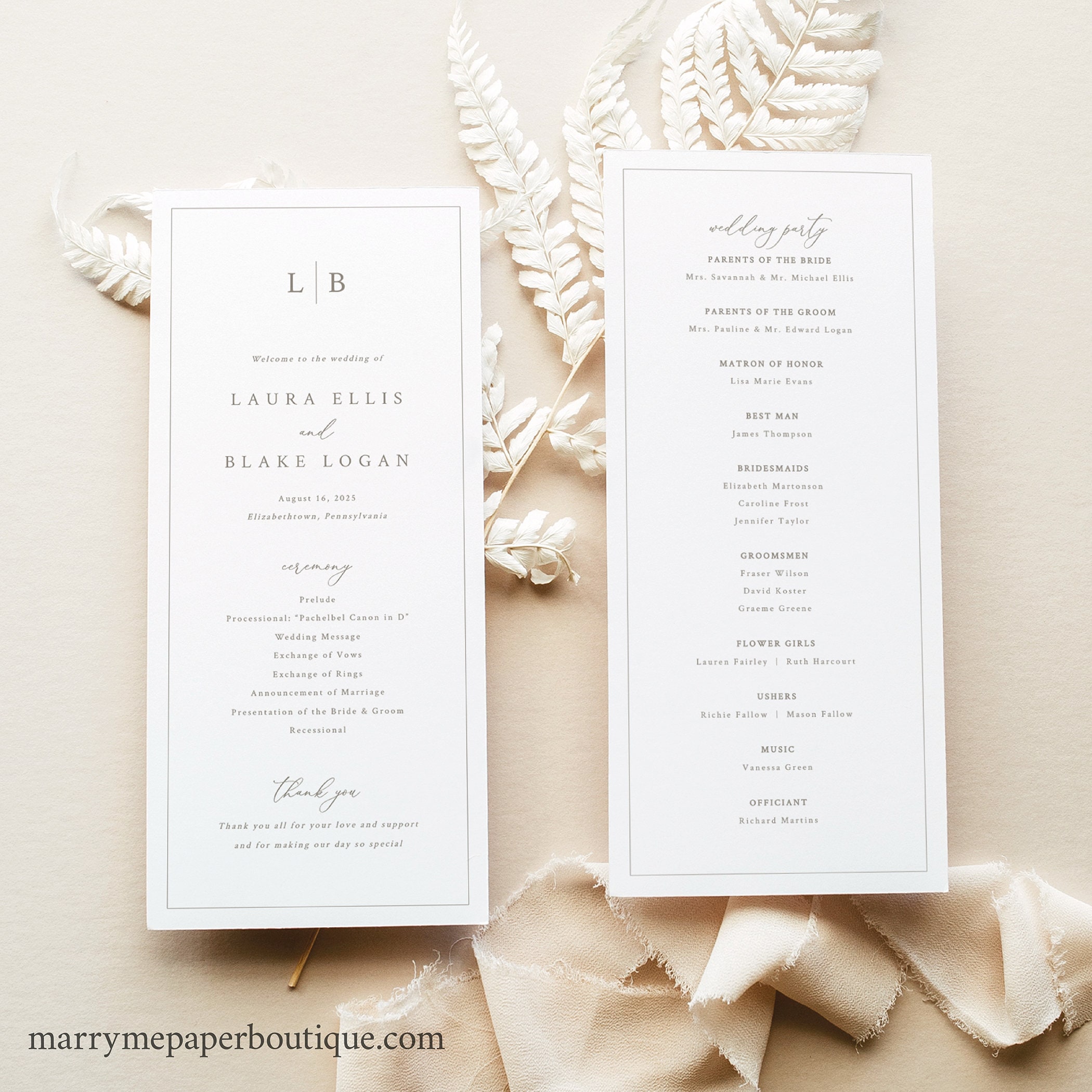 Wedding Program Template Monogram & Border 4x9 Wedding - Etsy UK
