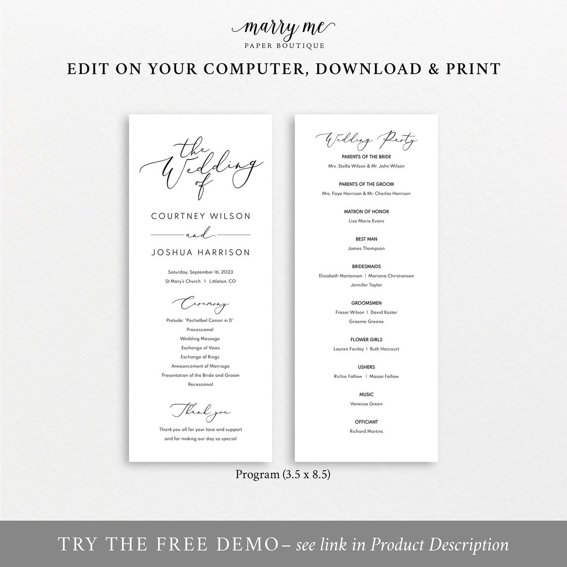 Wedding Ceremony Program Template Elegant Script Elegant - Etsy