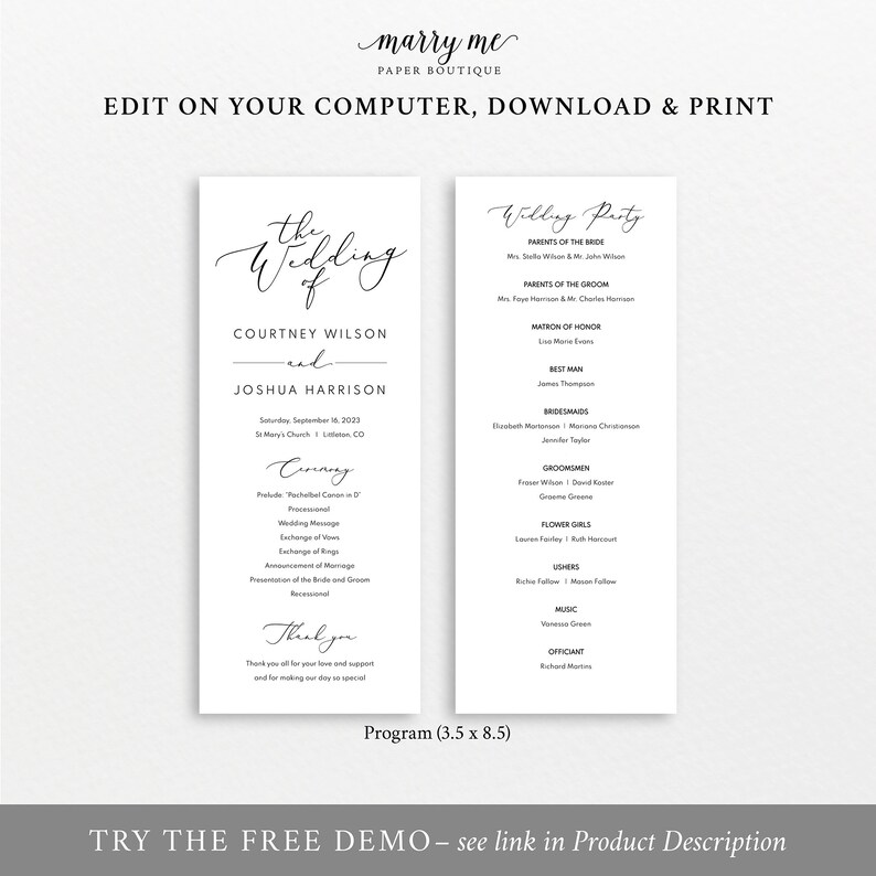 Wedding Ceremony Program Template Elegant Script Elegant - Etsy