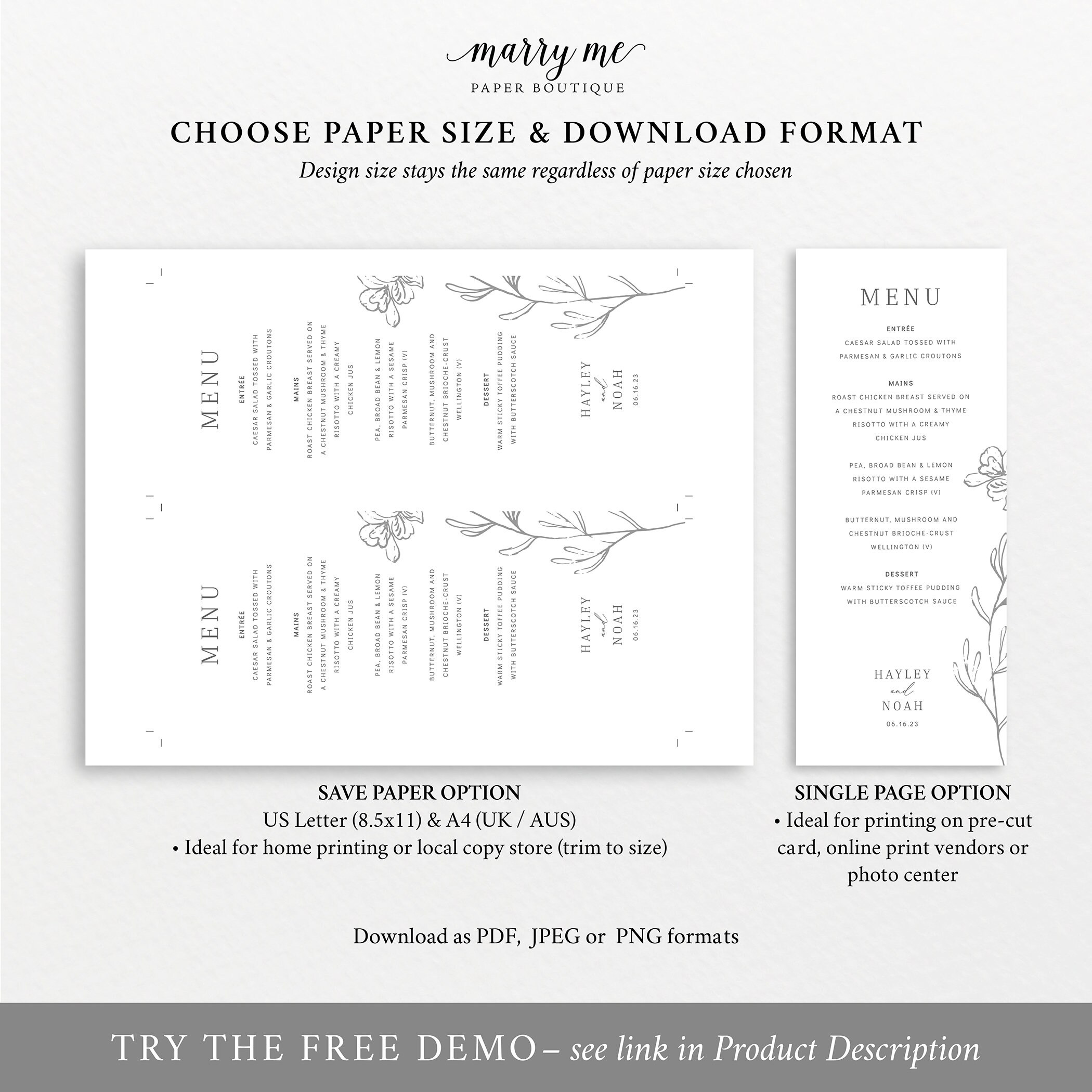 Menu Template Elegant Botanical Skinny Menu Demo Available | Etsy