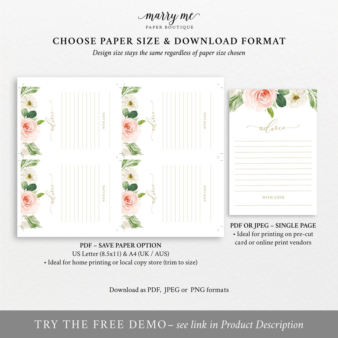 Advice Card Template Blush Floral Editable Instant Download - Etsy