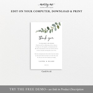 Eucalyptus Thank You Letter Template, Greenery Wedding, Printable Thank ...