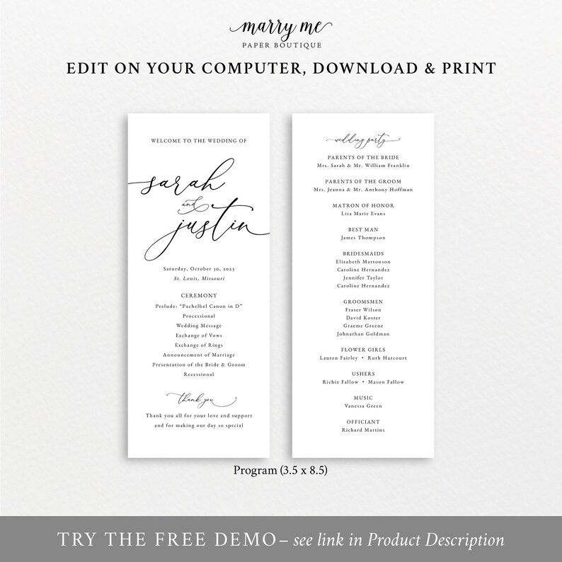 Classic Wedding Program Template Elegant Wedding Program | Etsy