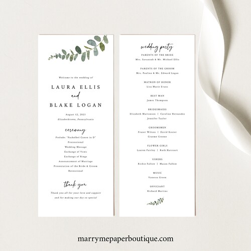 Greenery Wedding Program Template Printable Program for - Etsy