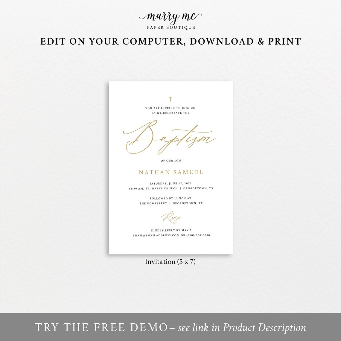 Gold Baptism Invitation Template Free Demo Available 5x7 | Etsy