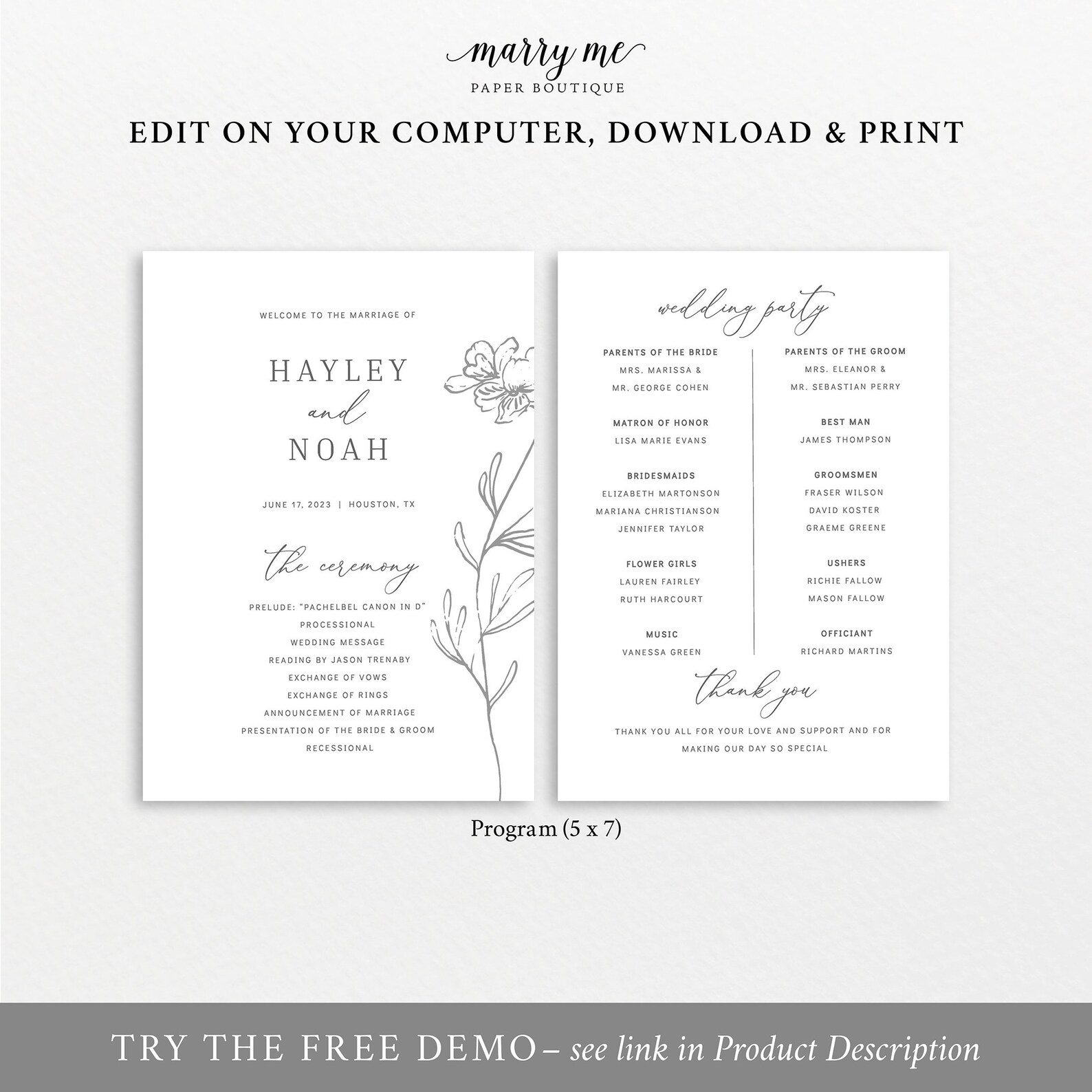 Wedding Program Template Elegant Botanical 5x7 Wedding - Etsy