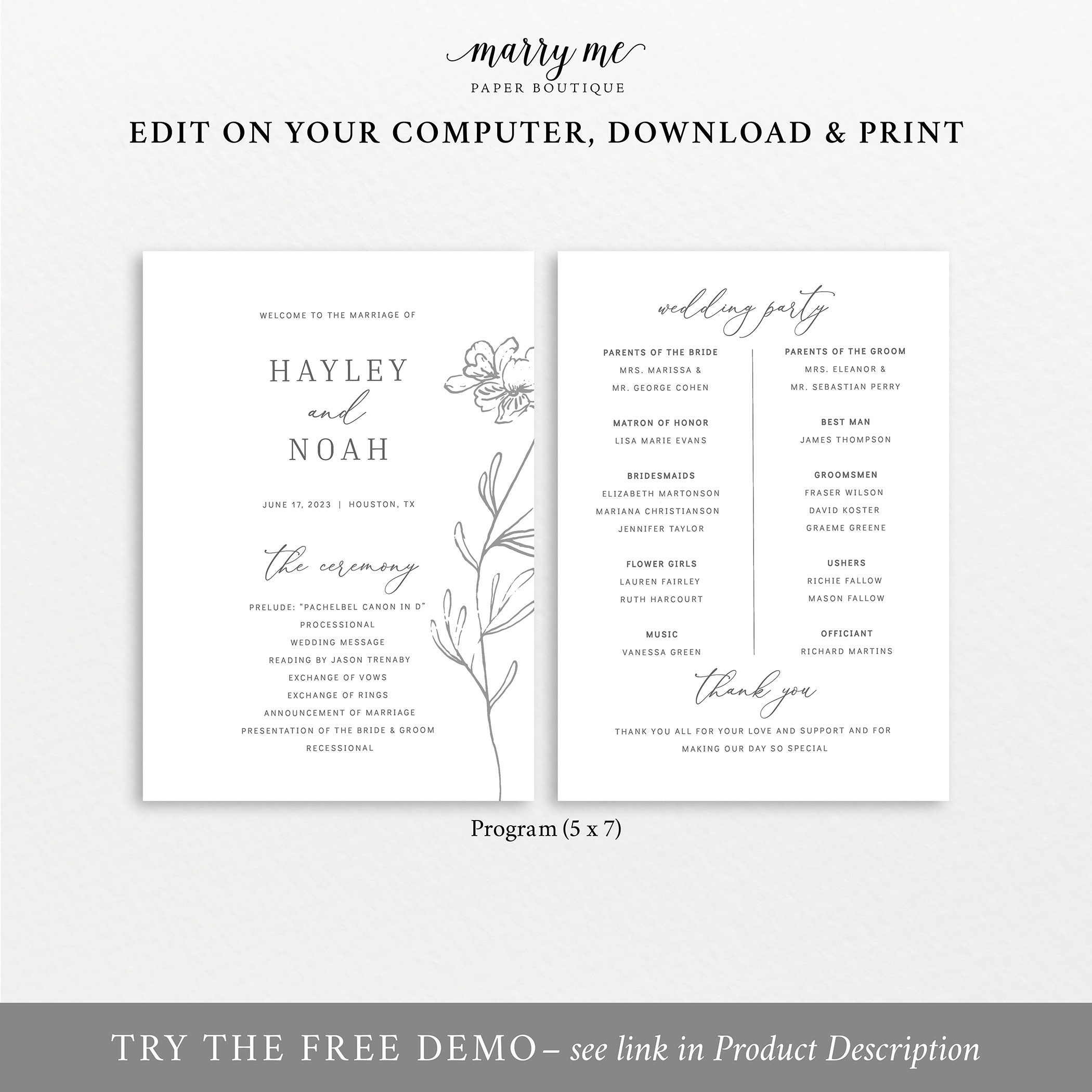 Wedding Program Template Elegant Botanical 5x7 Wedding - Etsy