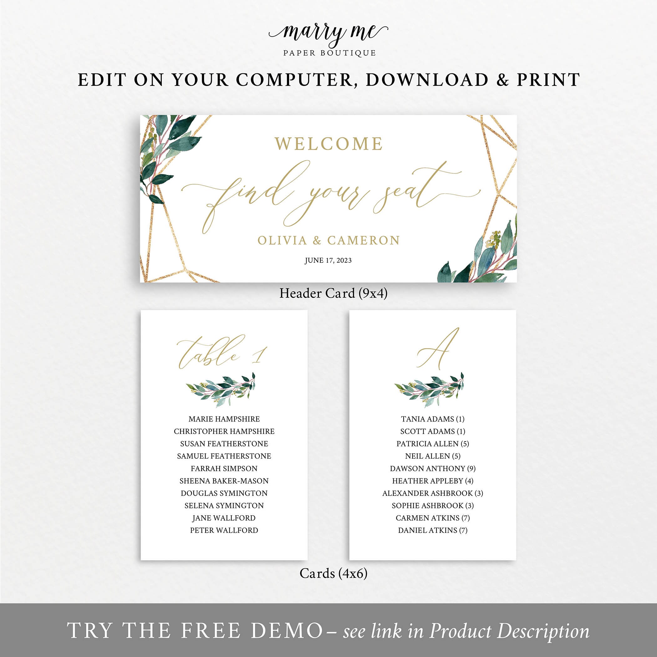 Seating Chart Sign Template Greenery Geometric Cards Try | Etsy UK