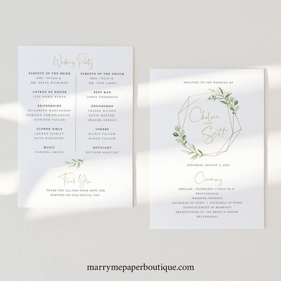 Wedding Ceremony Program Template Greenery Gold Wedding | Etsy