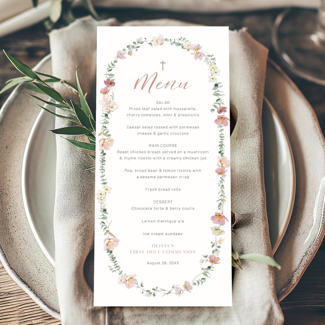 First Communion Menu Template, Pink Wild Flower, Editable, Pink First ...