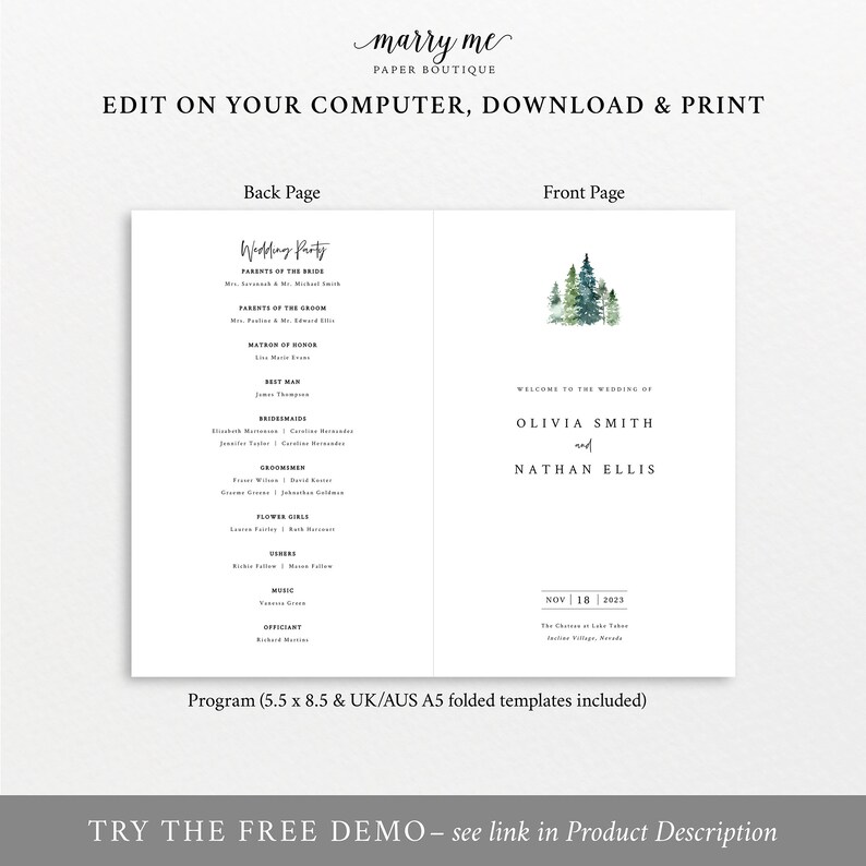 Pine Forest Wedding Program Template Folded Rustic Pine - Etsy