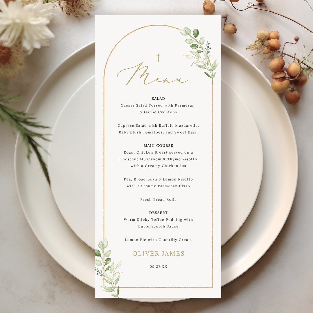 Greenery Baptism Menu Template, Greenery Arch, Editable, Green Leaf ...
