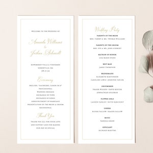 Wedding Program Template, Traditional Wedding Calligraphy in Gold, Editable, 4x9 Wedding ...
