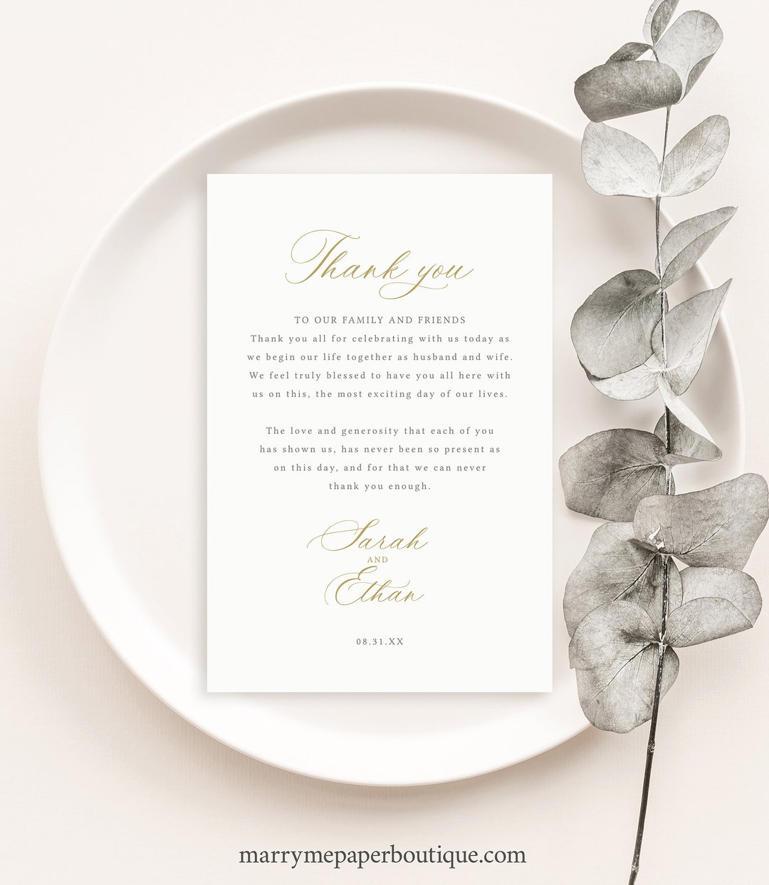 Thank You Note Template, Calligraphy Design in Gold, Wedding Table ...