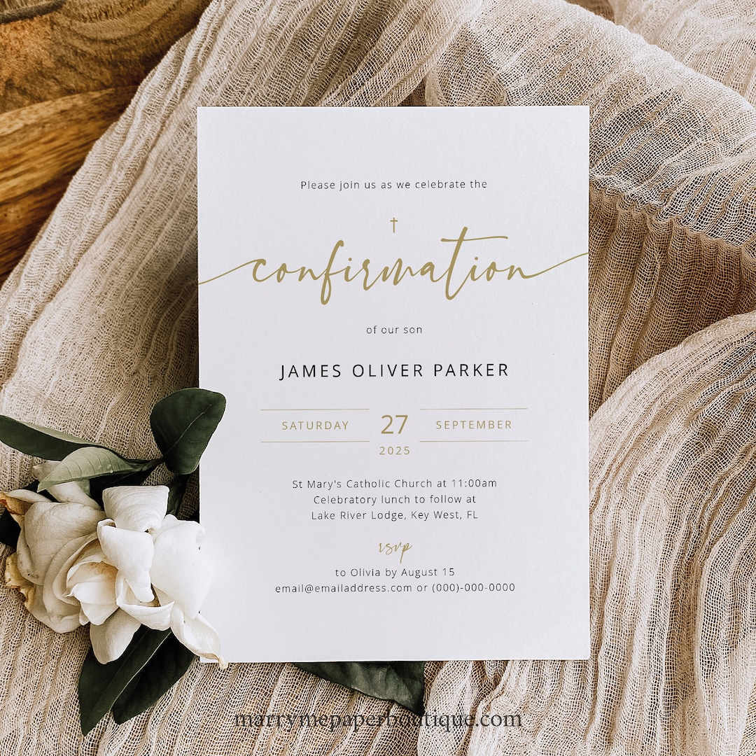 Confirmation Invitation Template, Gold Modern Script, Printable ...