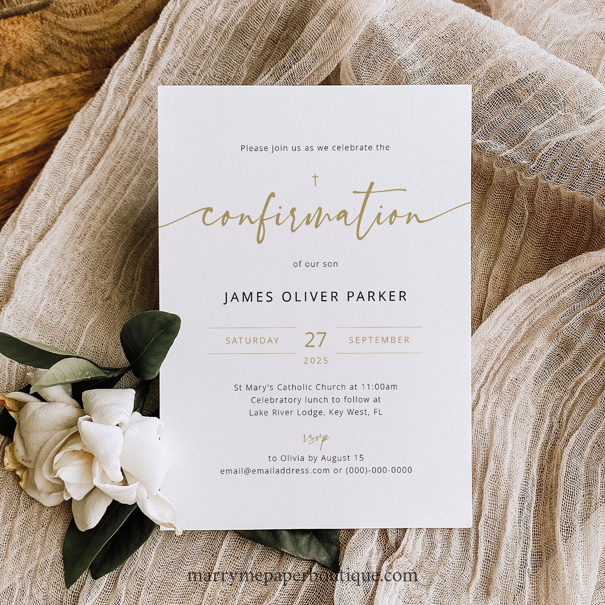 Confirmation Invitation Template, Gold Modern Script, Printable ...