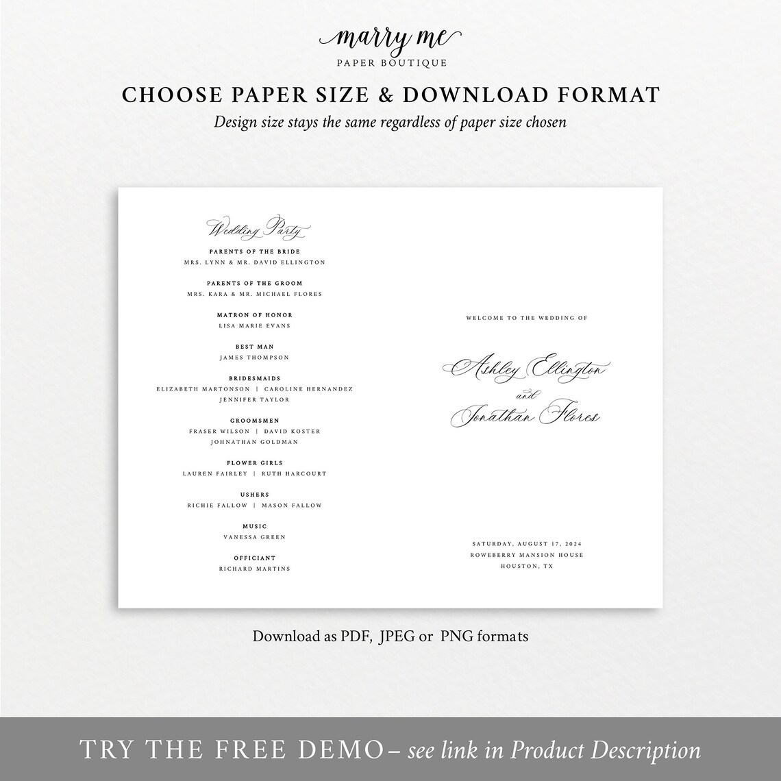 Folding Wedding Program Template Elegant Classic Calligraphy | Etsy