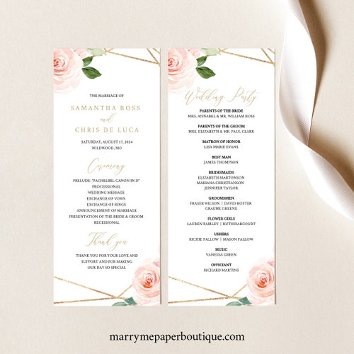 Printable Blush Floral Wedding Program Template Editable - Etsy Australia