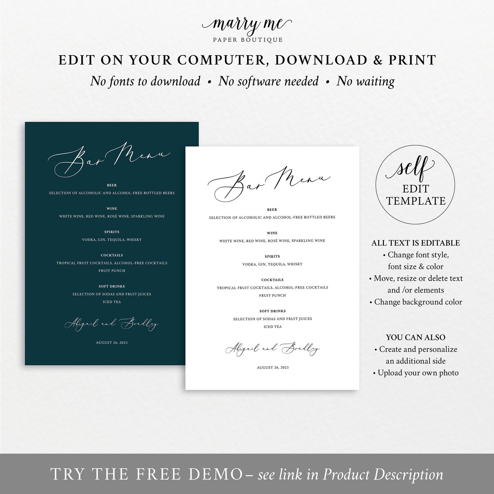 Bar Menu Template 5x7 Elegant Script Try Before Purchase - Etsy