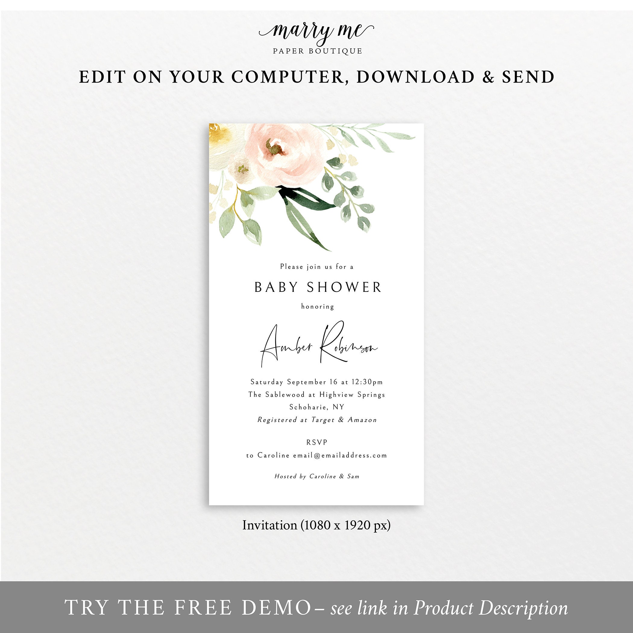 Baby Shower Text Invitation Template Pink Floral Greenery | Etsy