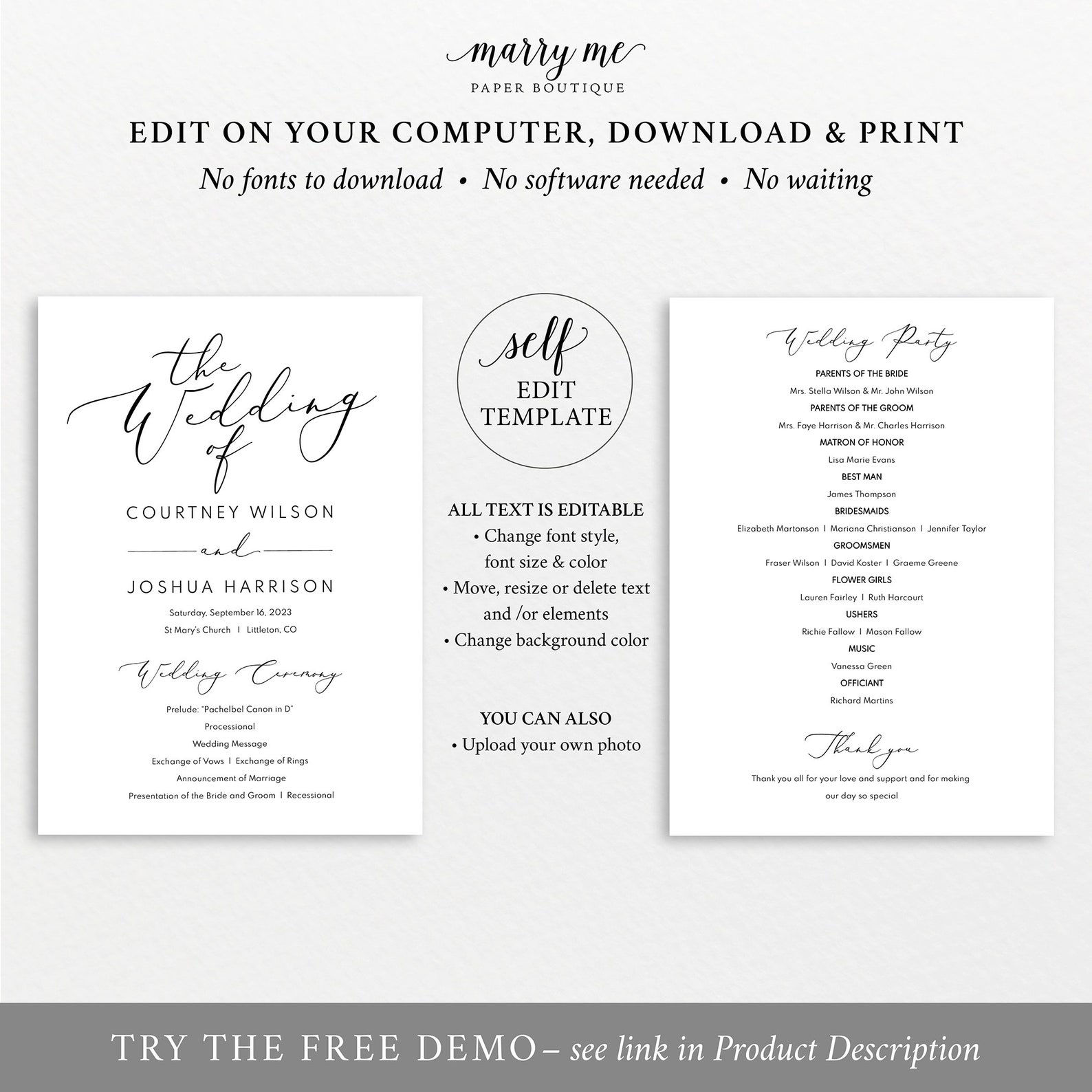 Wedding Program Template Elegant Script Wedding Ceremony | Etsy
