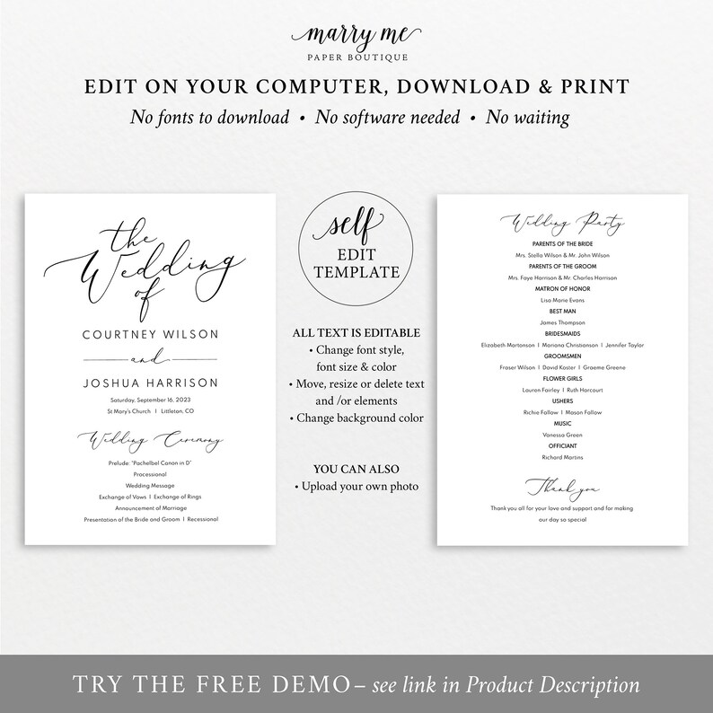 Wedding Program Template Elegant Script Wedding Ceremony | Etsy