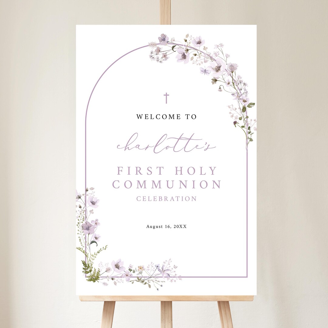 First Holy Communion Welcome Sign, Lavender Flowers Arch, Printed ...