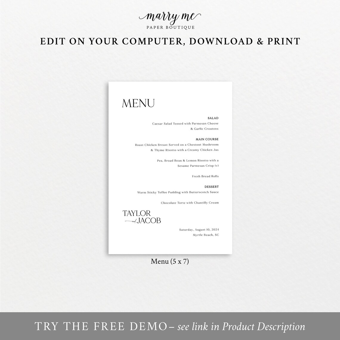 Wedding Menu Template Modern & Classic Editable 5x7 Menu - Etsy