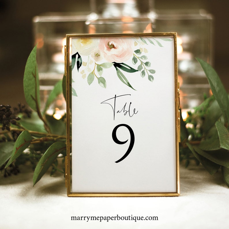 Table Number Template Pink Floral Greenery Ivory Printable - Etsy