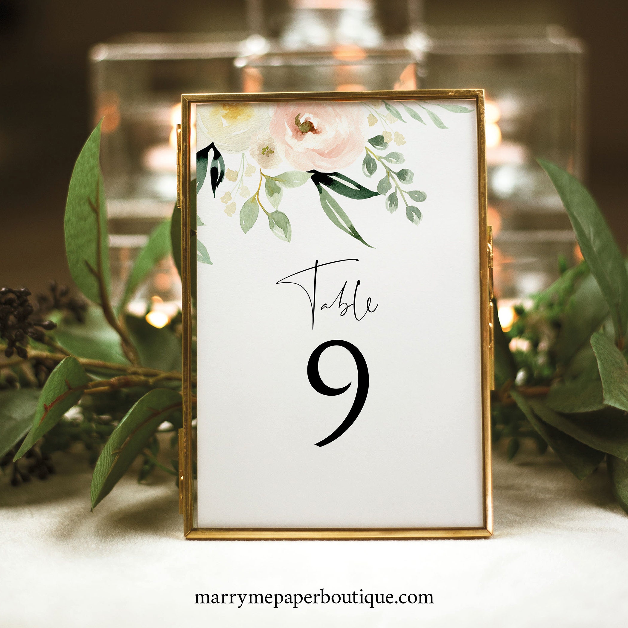 Table Number Template Pink Floral Greenery Ivory Printable - Etsy