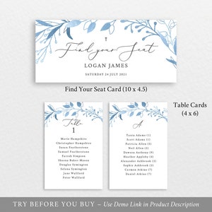 Seating Chart Template Blue Foliage Cards Try Before - Etsy