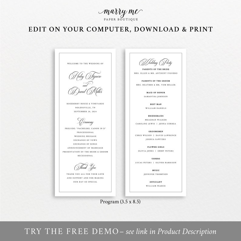 Wedding Program Template Classic Calligraphy & Border Tall - Etsy