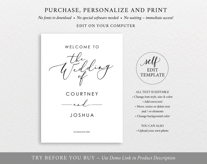 Wedding Welcome Sign Template Demo Available Printable | Etsy