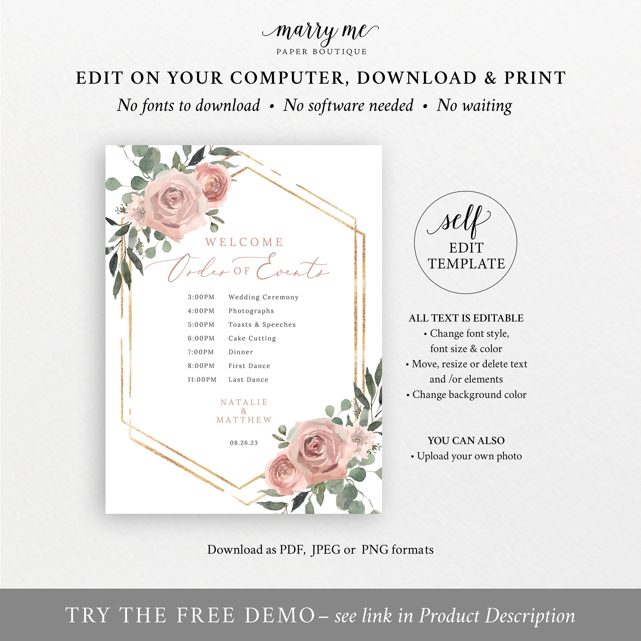 Wedding Timeline Sign Template Dusky Pink Floral Boho | Etsy