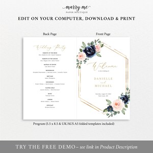 Wedding Ceremony Program Template, Navy & Blush Floral, Folding Wedding ...