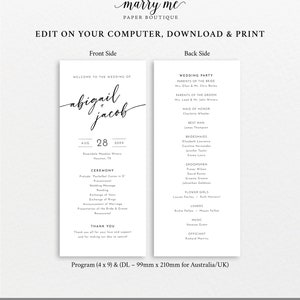 Wedding Program Template, Minimalist Calligraphy, Editable, 4x9, Modern Wedding Ceremony Program ...