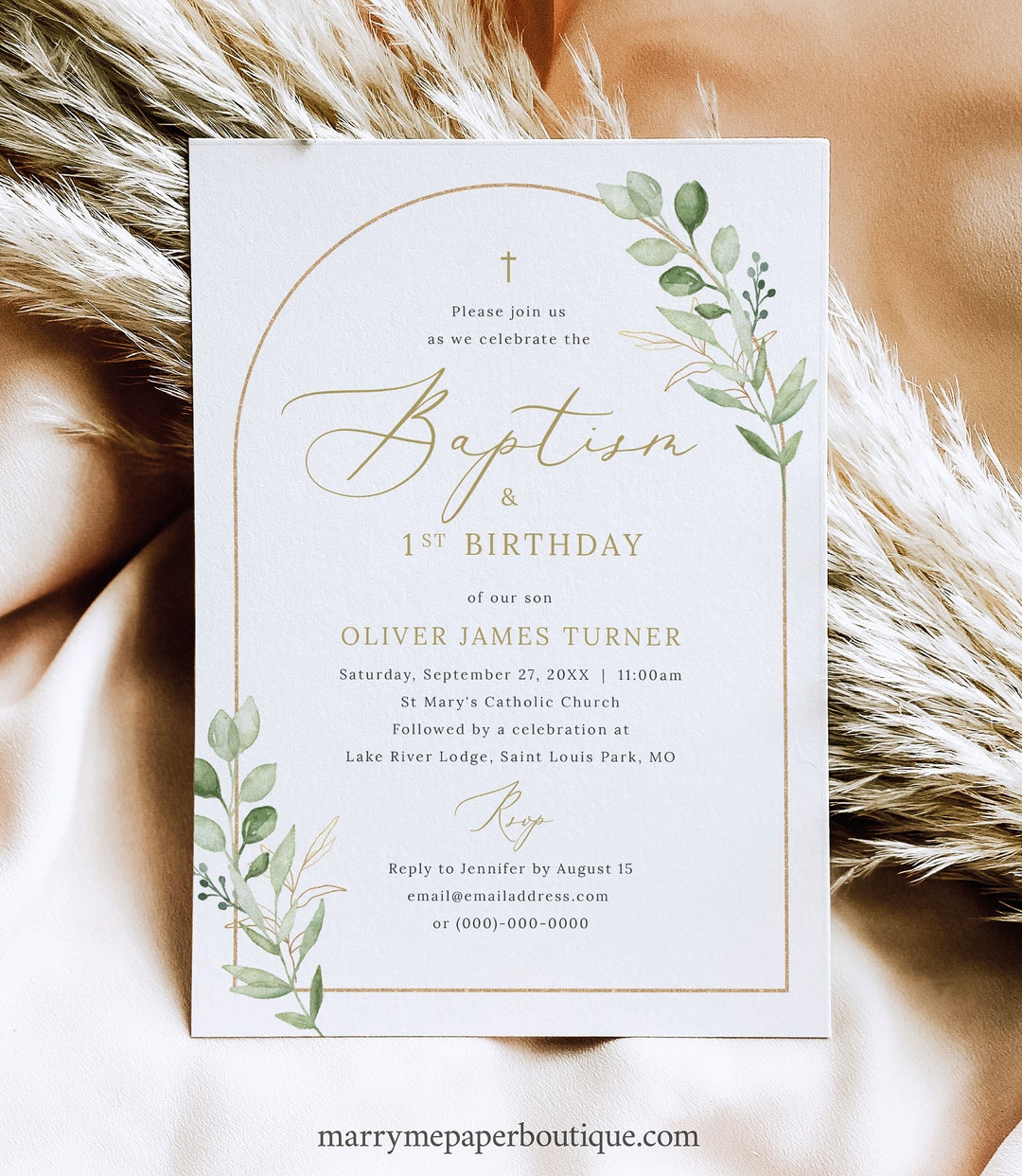 Baptism & First Birthday Invitation Template, Greenery Arch, Editable ...