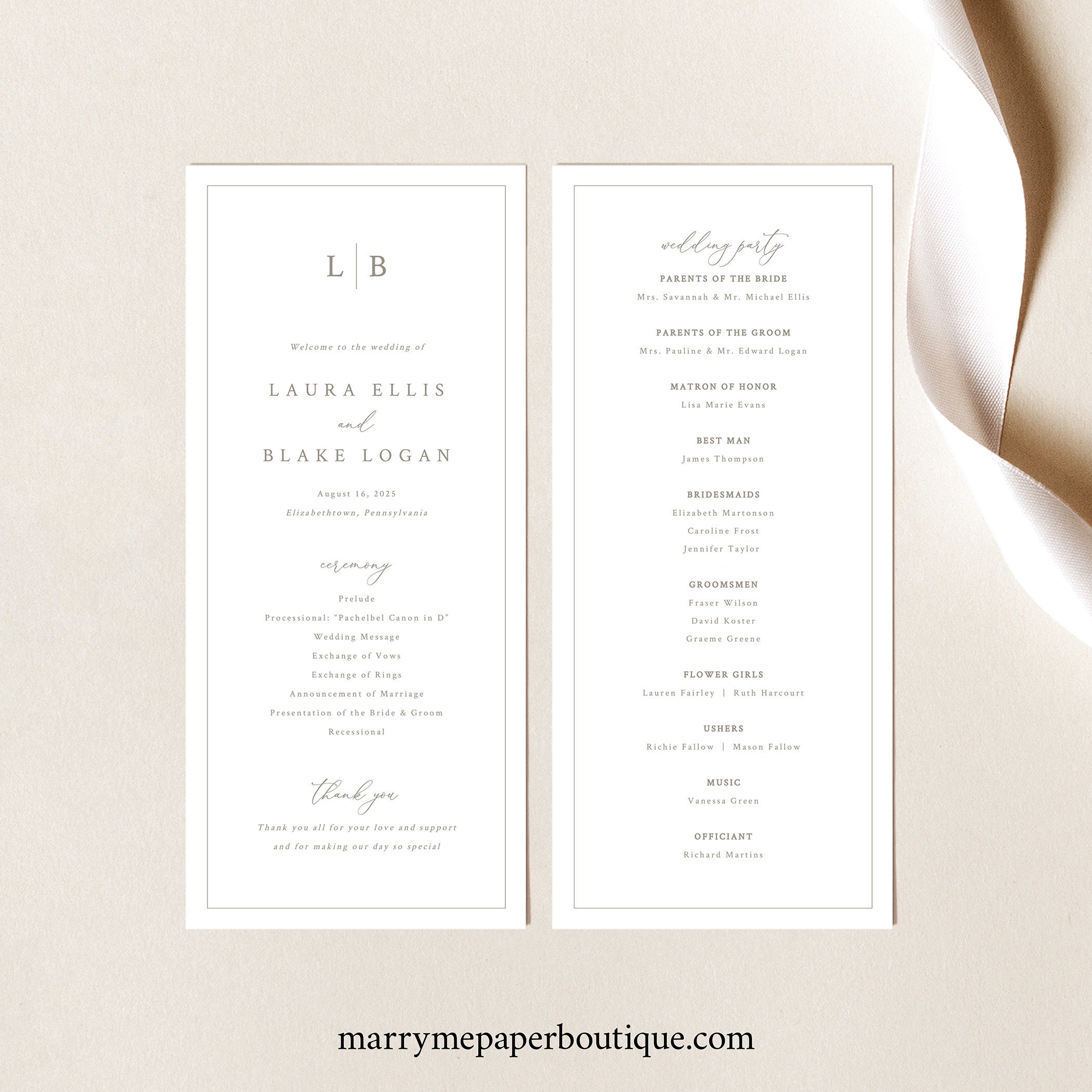 Wedding Program Template Monogram & Border 4x9 Wedding - Etsy UK