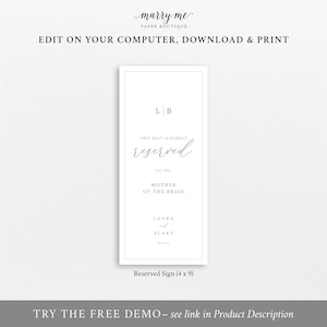Reserved Seating Sign Template, Monogram & Border, Editable, Reserved ...