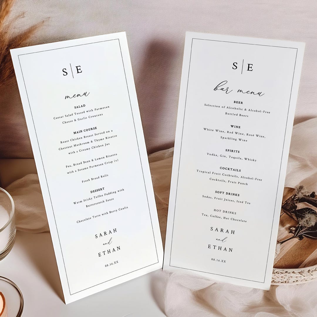 Wedding Menu & Bar Menu Template, Minimalist Wedding Monogram, DIY Menu ...
