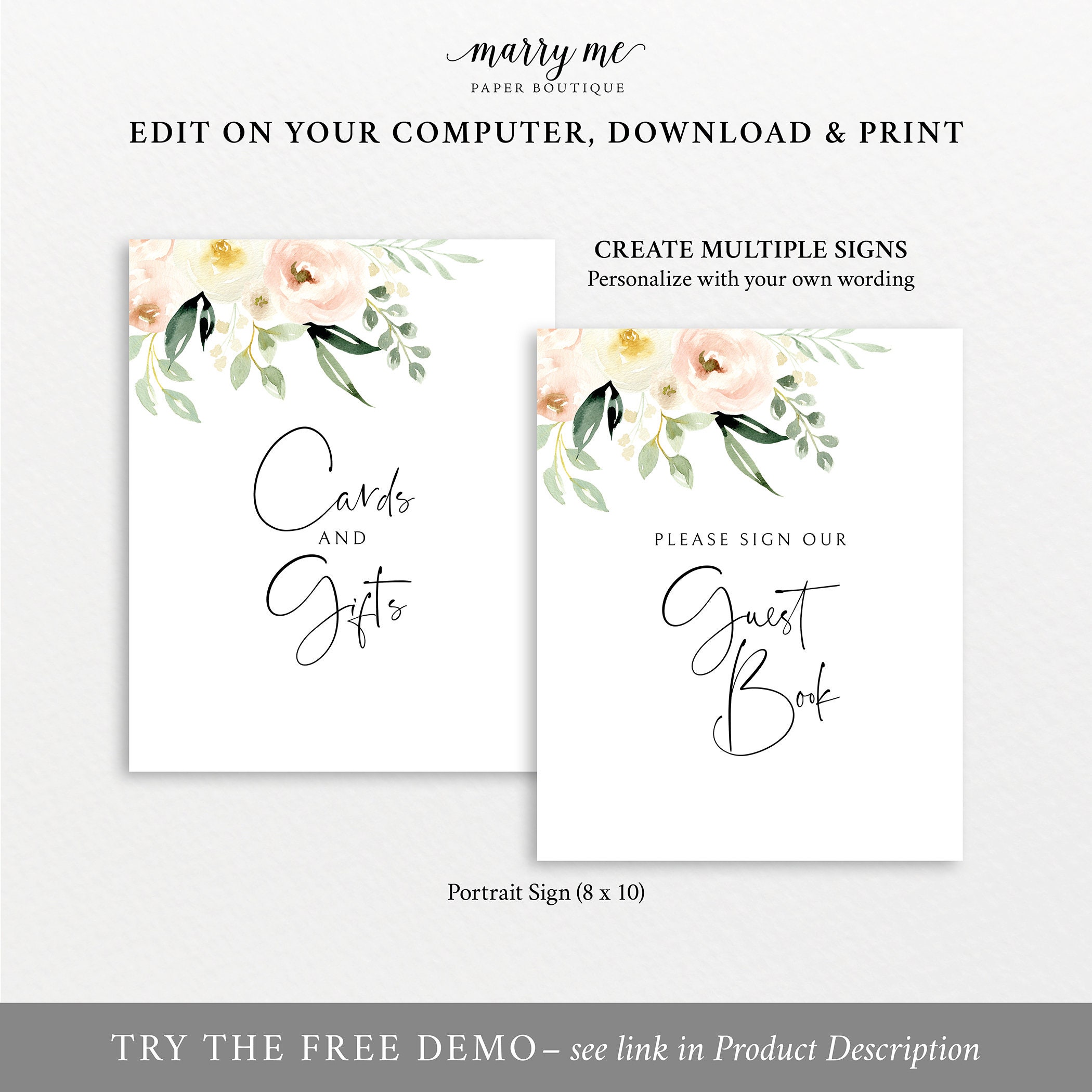 Wedding Sign Bundle Template Set Pink Floral Greenery Ivory - Etsy