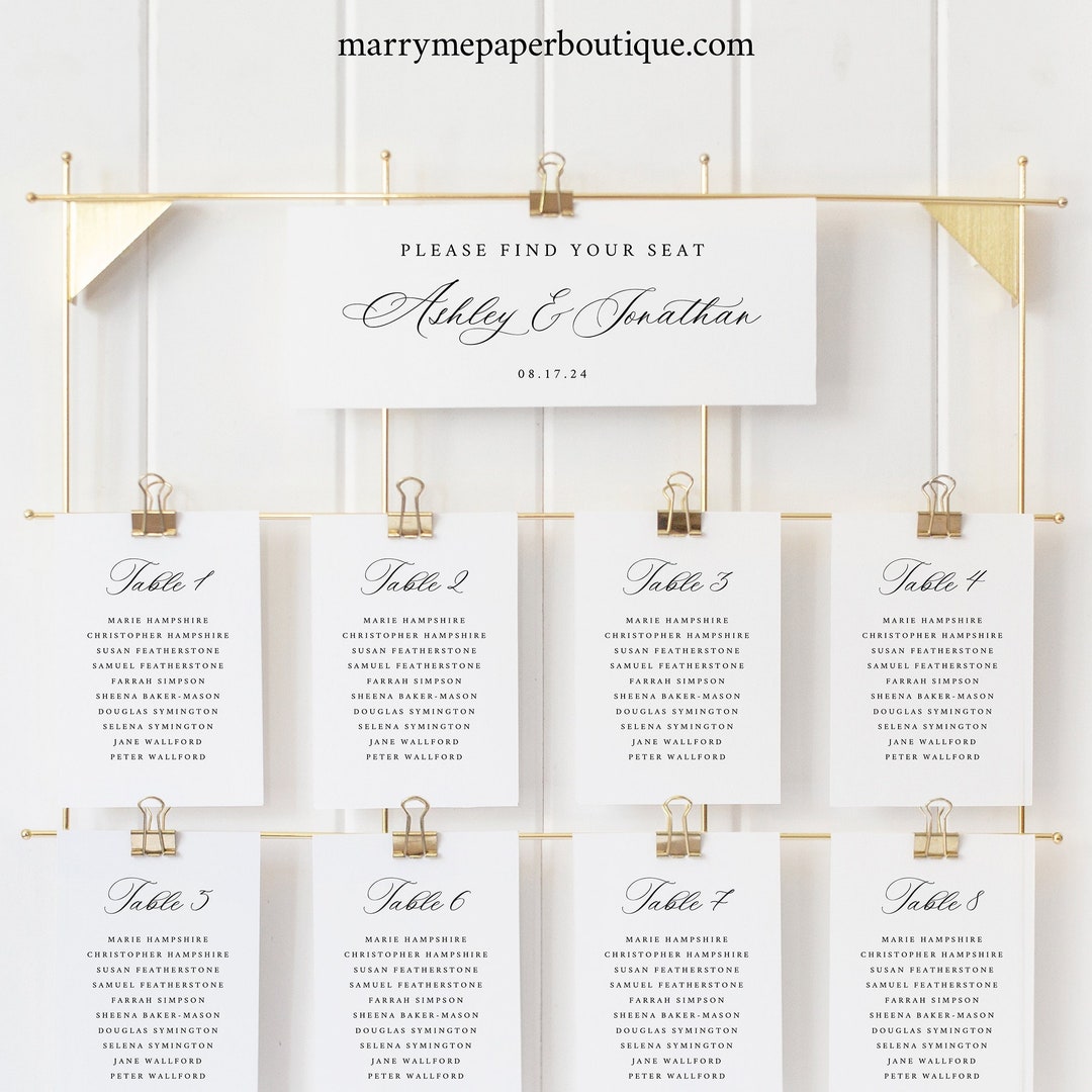 Seating Chart Cards Template, Elegant Classic Calligraphy, Wedding ...