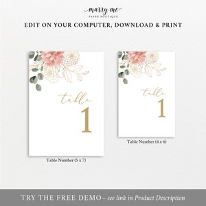Table Number Sign Template, Blush & Gold Flowers, Elegant Wedding Table ...
