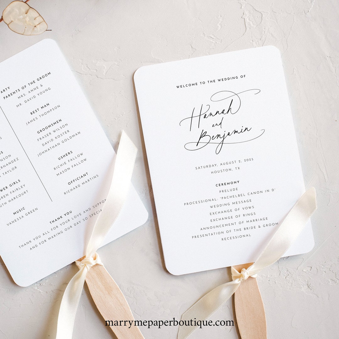 Wedding Program Fan Template, Pretty Calligraphy, Wedding Fan Program ...