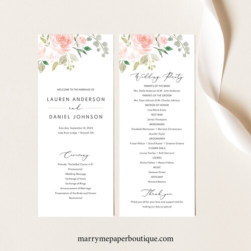 Wedding Program Template Dusky Pink Floral Wedding Ceremony - Etsy
