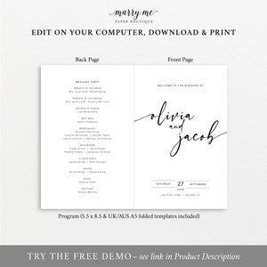 Wedding Program Template Folded, Modern Calligraphy, Editable, Modern ...