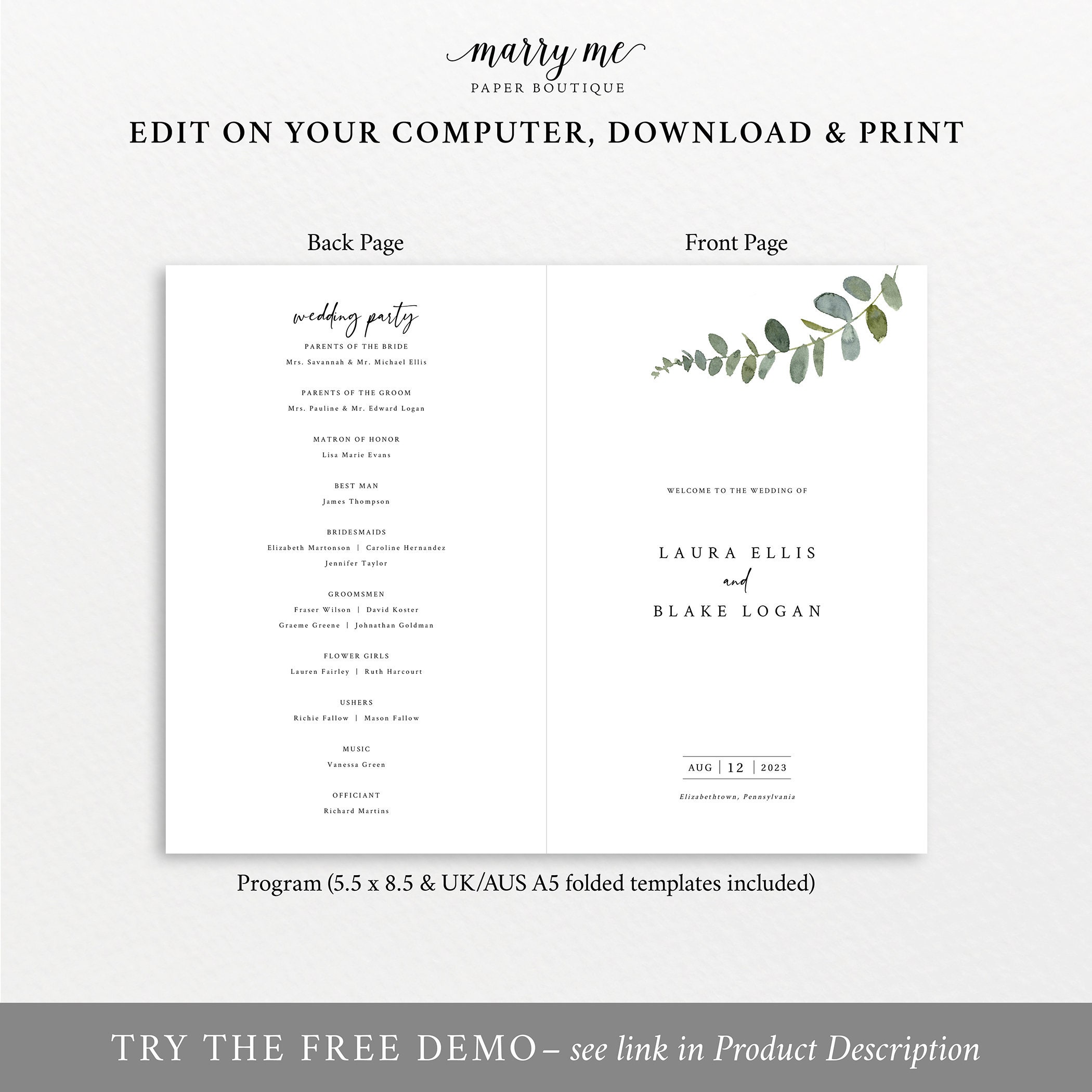 Greenery Wedding Program Template Eucalyptus Folded Program | Etsy