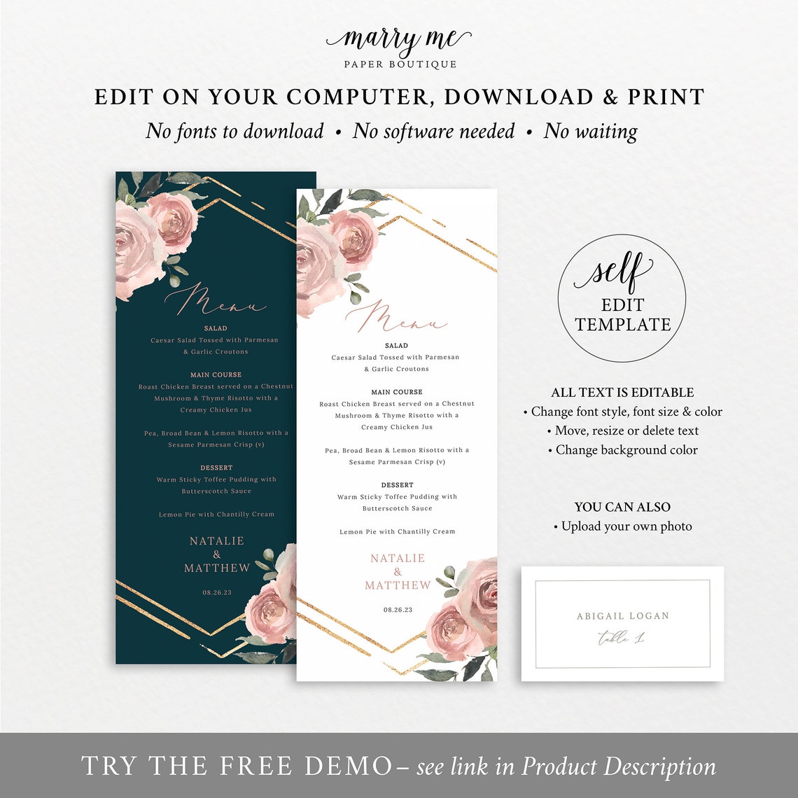 Wedding Menu With Name Card Template Dusky Pink Floral | Etsy